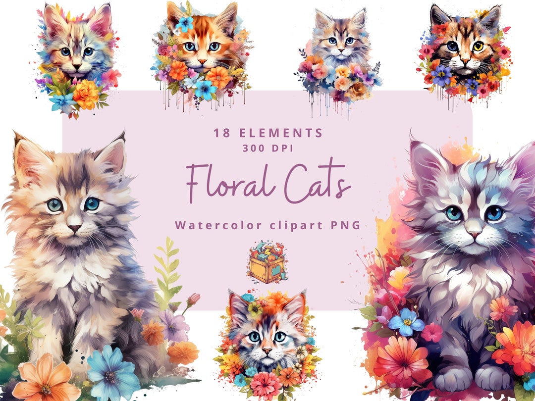 18 Floral Cats Watercolor Clipart, Cute Cat Baby Shower Graphics, Cats ...
