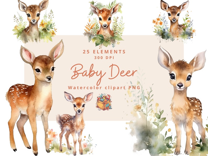 25 Baby Deer Watercolor Clipart, Cute Deer Baby Shower Graphics, Deer ...