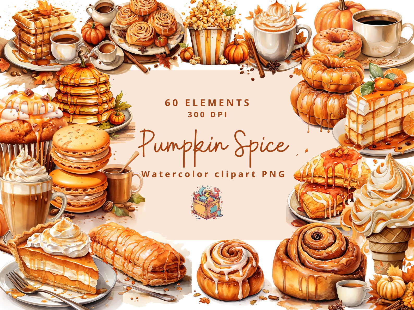 60 Pumpkin Spice Watercolor Clipart Bundle, Autumn Pumpkin Clipart PNG ...