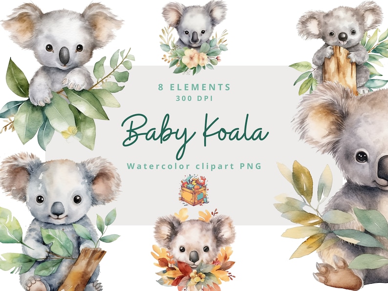 8 Koalas Watercolor Clipart, Cute Koala Baby Shower Graphics, Koala ...