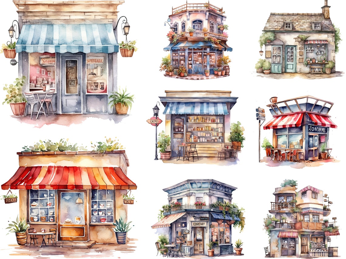 Watercolor Coffee Shop Clipart: 50 PNG Illustrations (digital Download ...