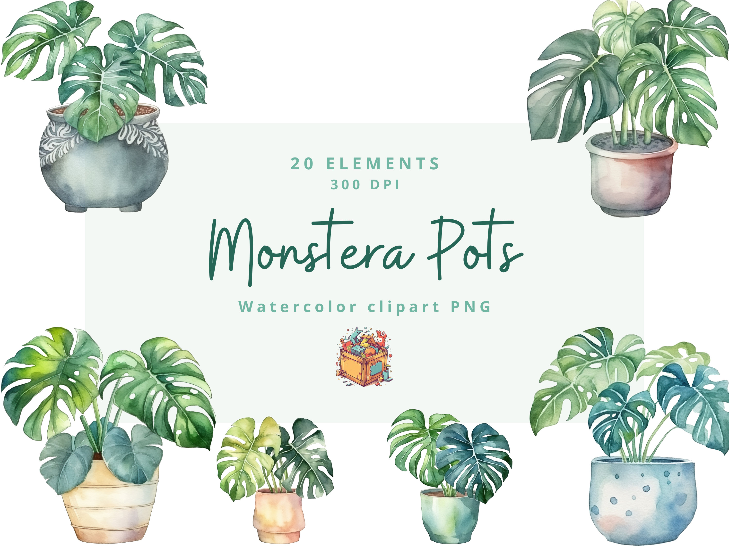 20 Watercolor Tropical Pots Clipart, Monstera Pots Clipart, Tropical ...