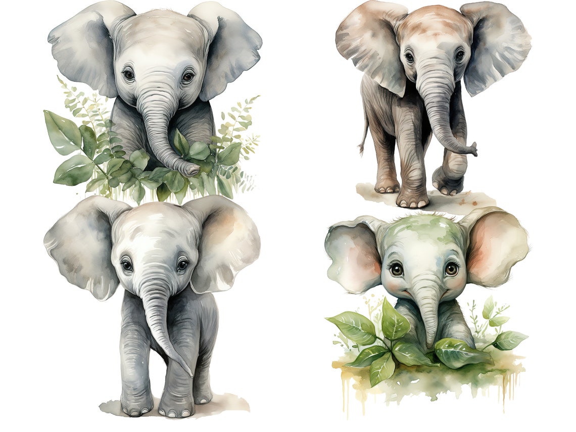 16 Baby Elephant Watercolor Clipart, Cute Elephant Baby Shower Graphics ...
