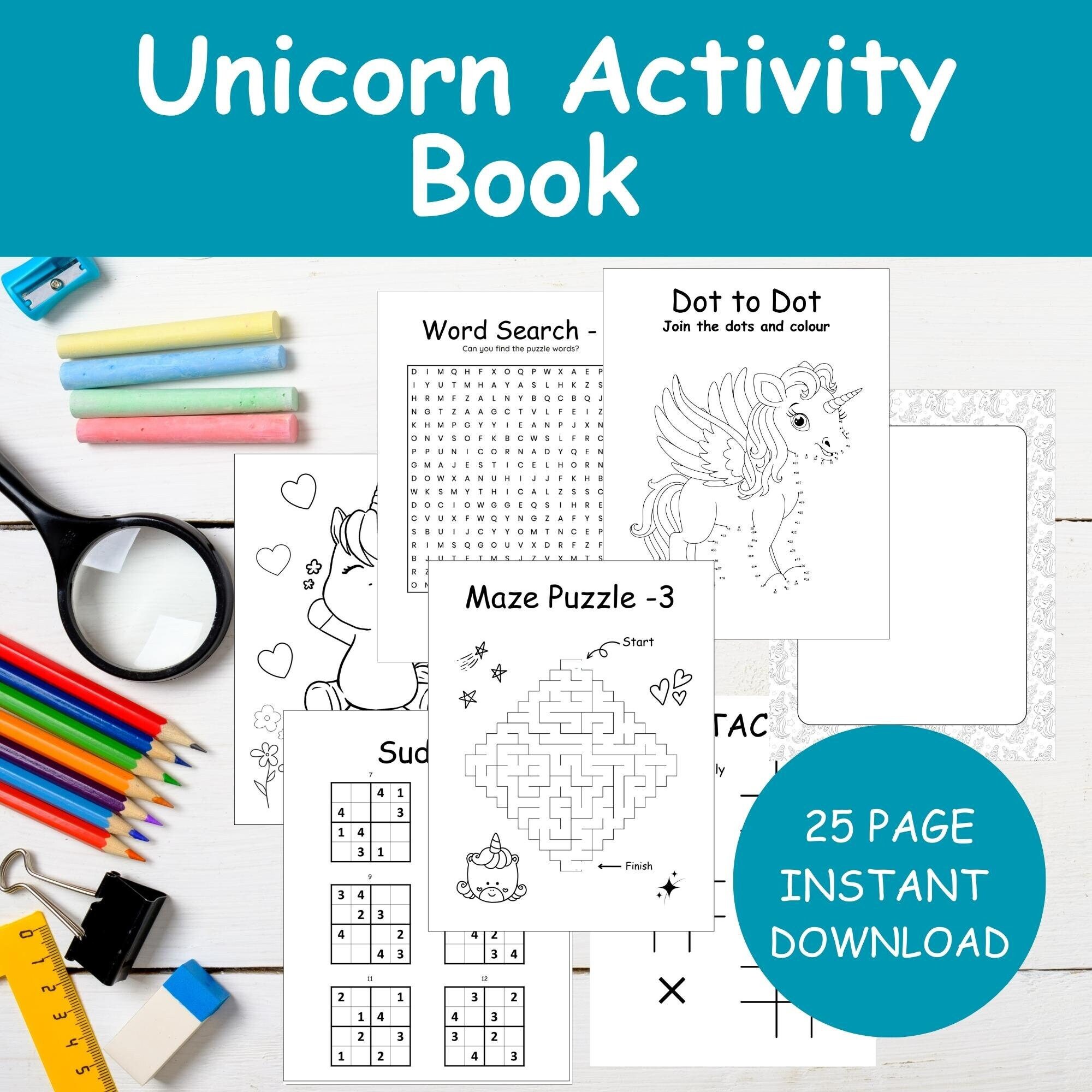 Unicorn Printable Activities Book, Aged 4-8. Word Search Puzzles, After ...