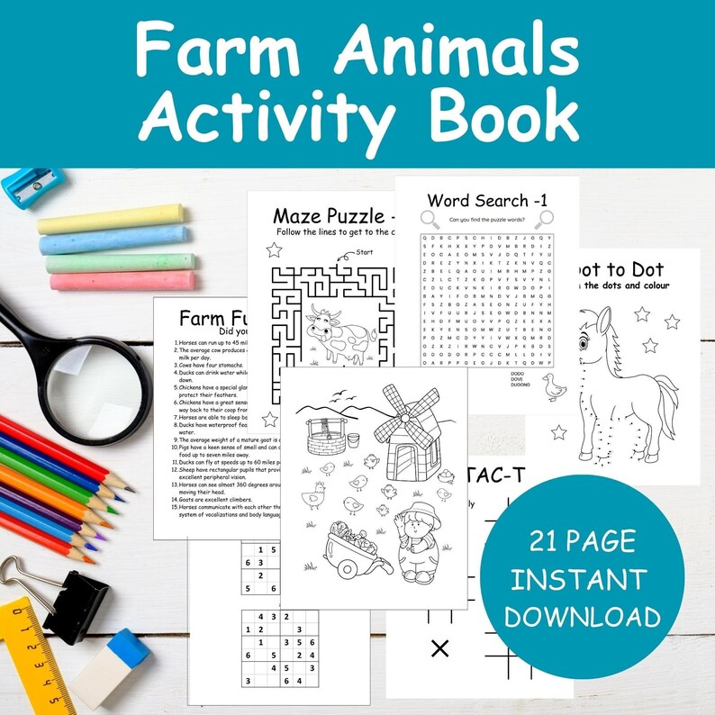 Farm Animal Printable Activities Book Aged 4-8. Puzzles, After School ...
