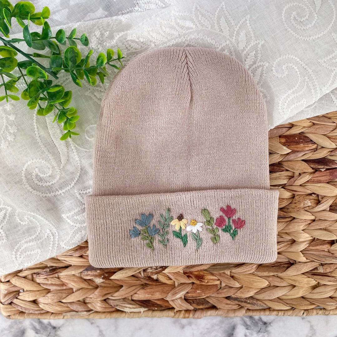 Wildflower Field Embroidered Knit Hat Winter Hat, Womens Fashion, Cozy ...