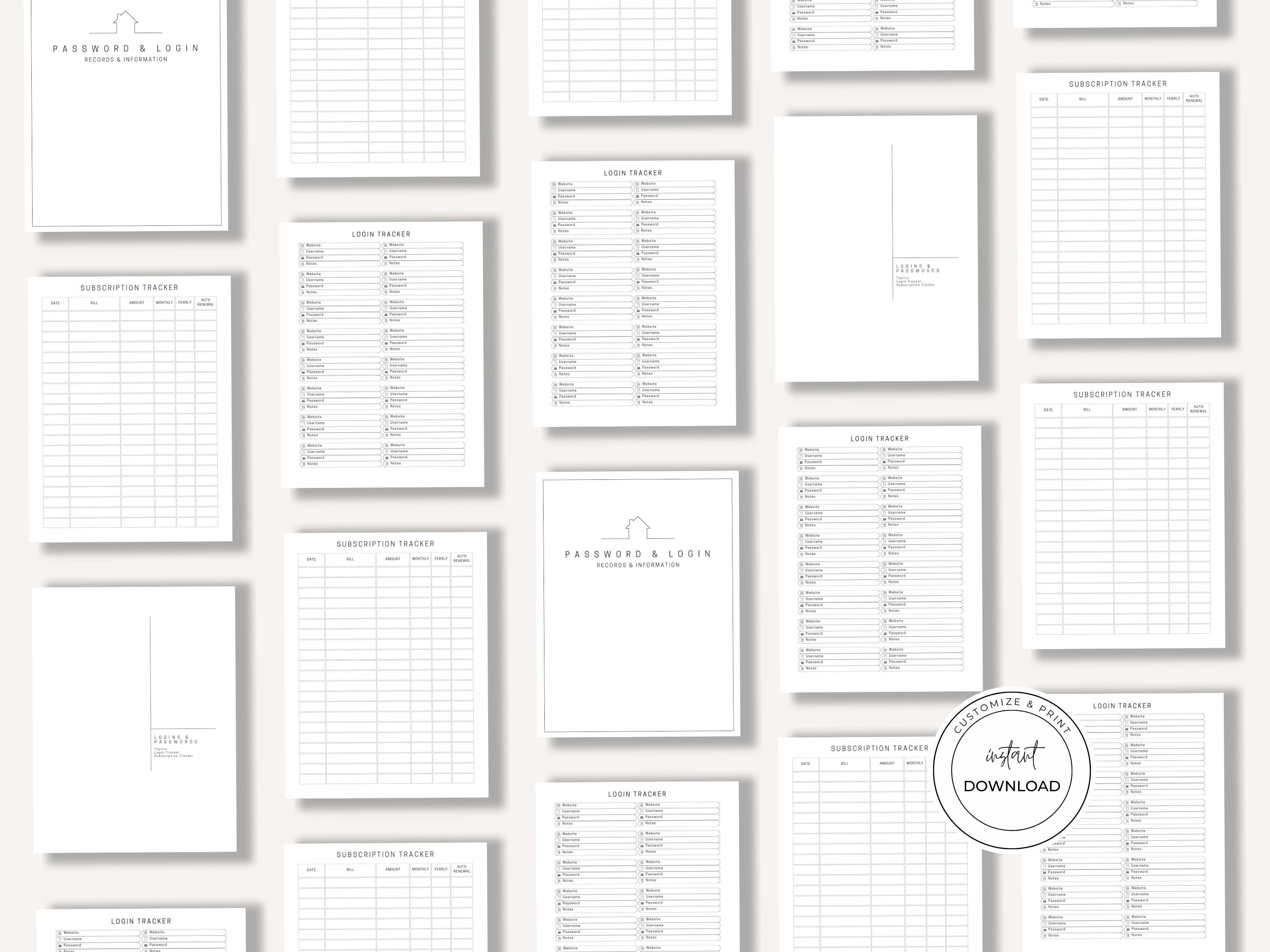 Password & Subscription Tracker | Printable Canva Editable Template ...