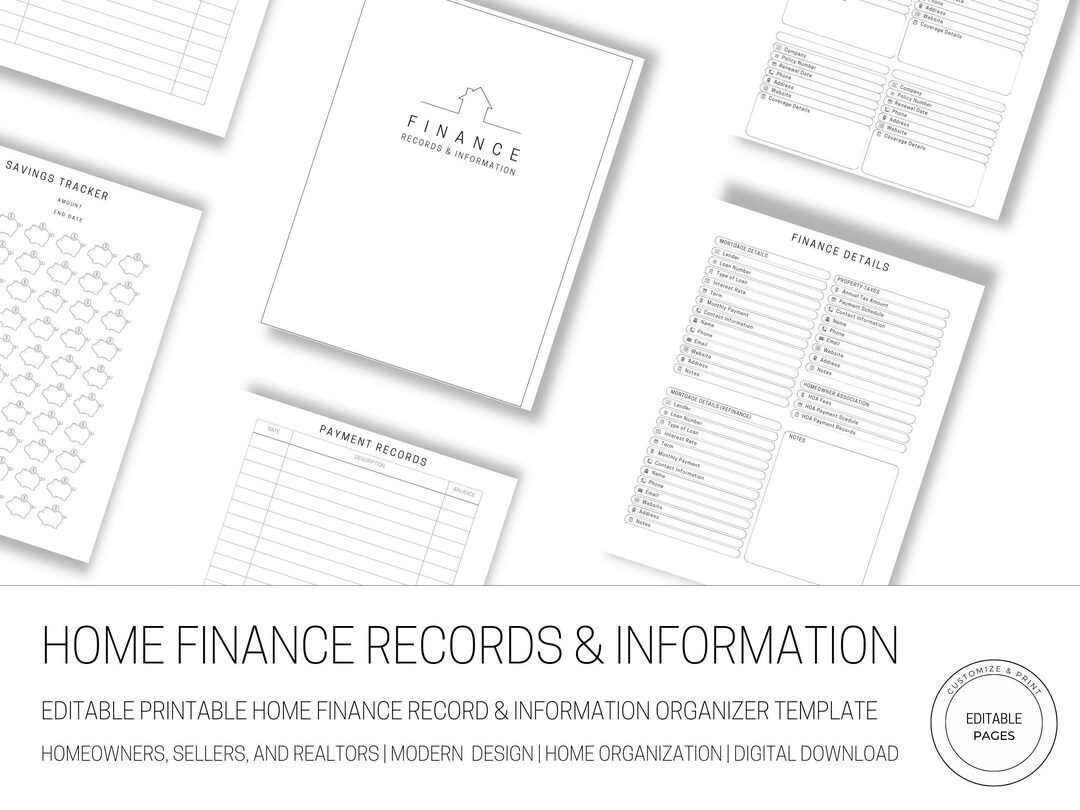 Home Finance Records & Information Organizer Editable Printable ...