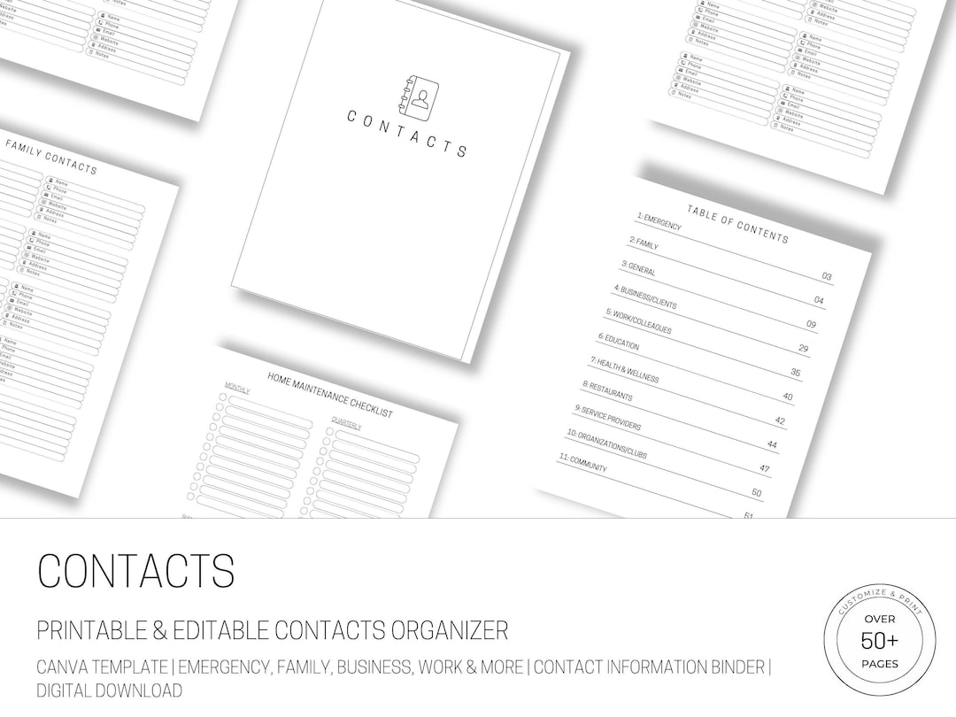 Contacts Organizer | Printable & Editable Canva Template | Contact ...
