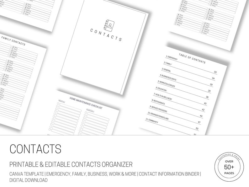 Contacts Organizer | Printable & Editable Canva Template | Contact ...