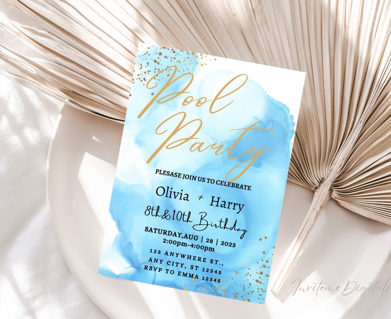 Sky Blue Pool Party Invitation Printable Birthday Swimming BBQ Invite ...