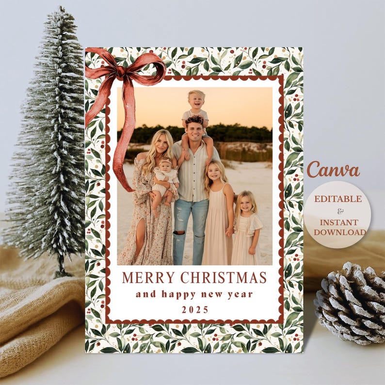 Classic Botanical Christmas Photo Card Template, Editable Hand Painted ...