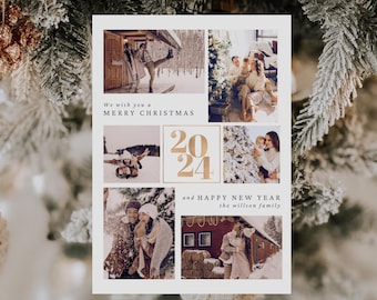 Merry & Bright Photo Holiday Card Template, Printable Modern Minimal ...