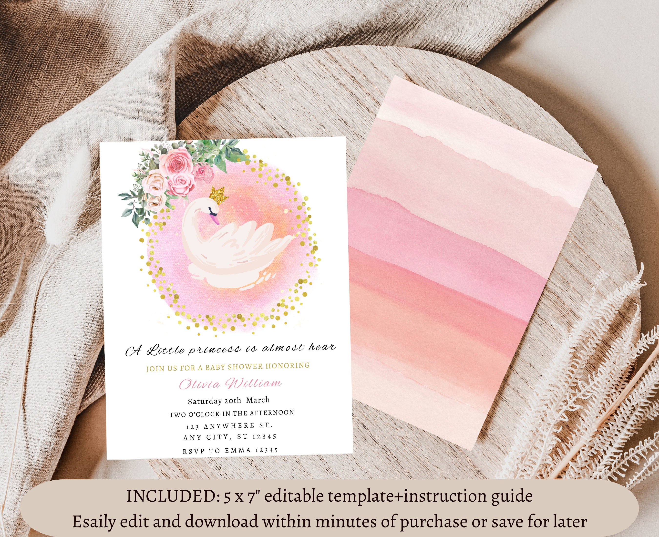 Editable Swan Baby Shower Invitation Girl Shower Invite Princess Pink ...