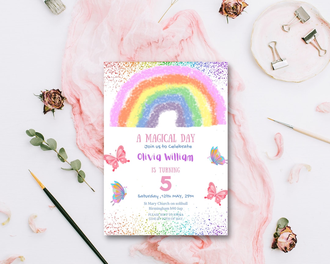 Editable Rainbow Birthday Invitation, Rainbow Butterfly Invitation ...