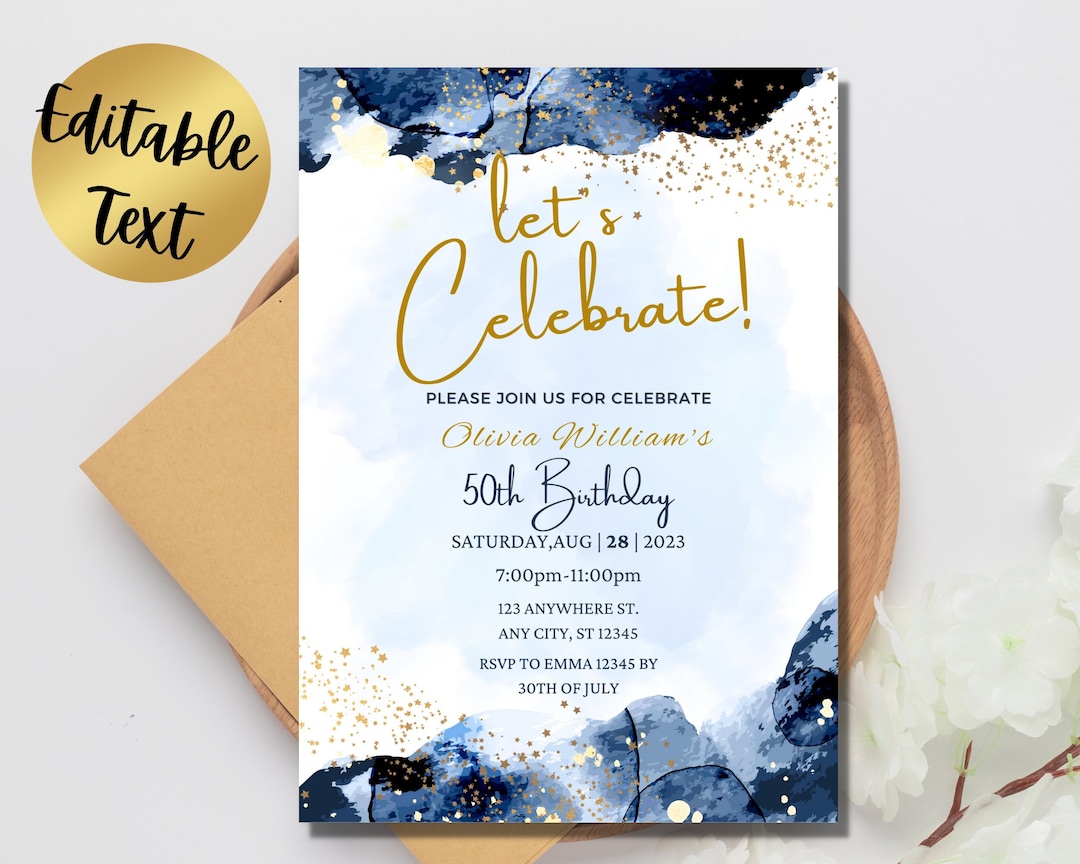 Blue and Gold Birthday Invitation, Editable Let's Celebrate Adult Party ...