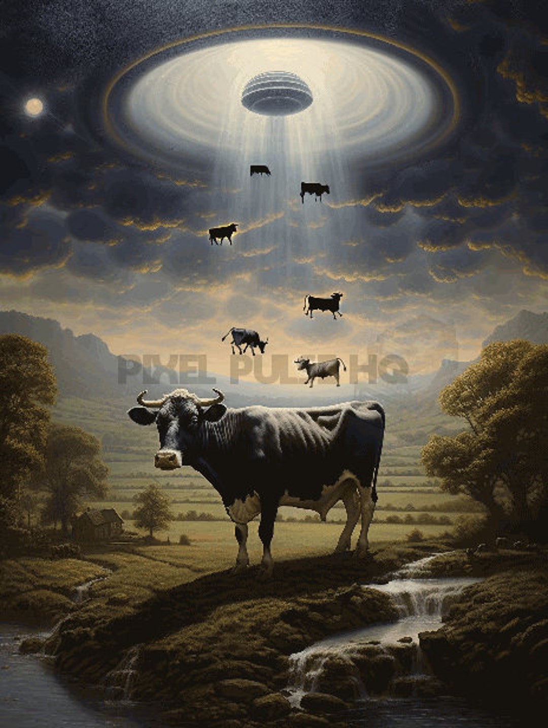 UFO and Cows Digital Art/victorian Style UFO Art/retro UFO Art/poster ...