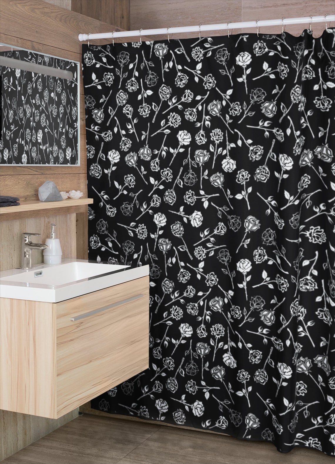 Goth Shower Curtain, Gothic Bathroom, Black Floral Shower Curtain ...