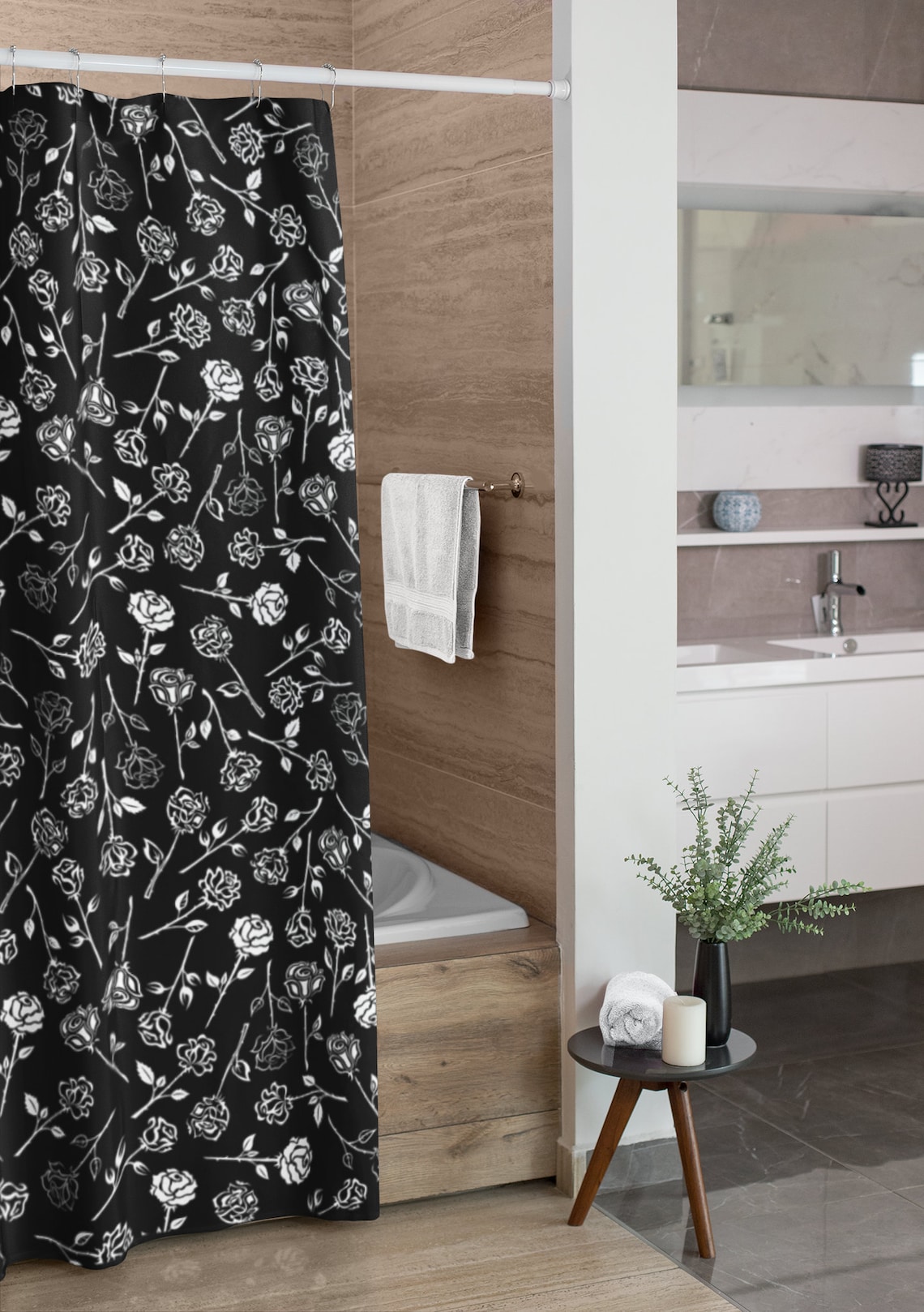 Goth Shower Curtain, Gothic Bathroom, Black Floral Shower Curtain ...