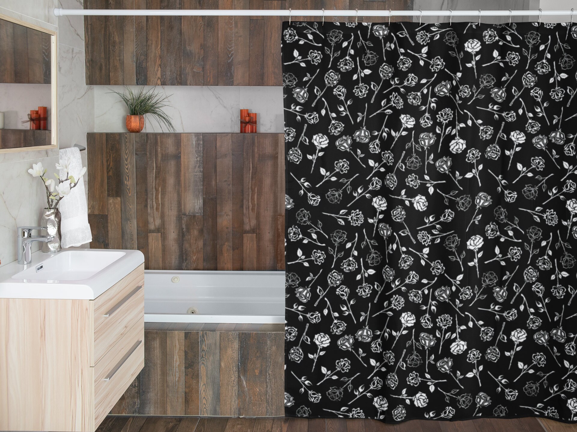 Goth Shower Curtain, Gothic Bathroom, Black Floral Shower Curtain ...