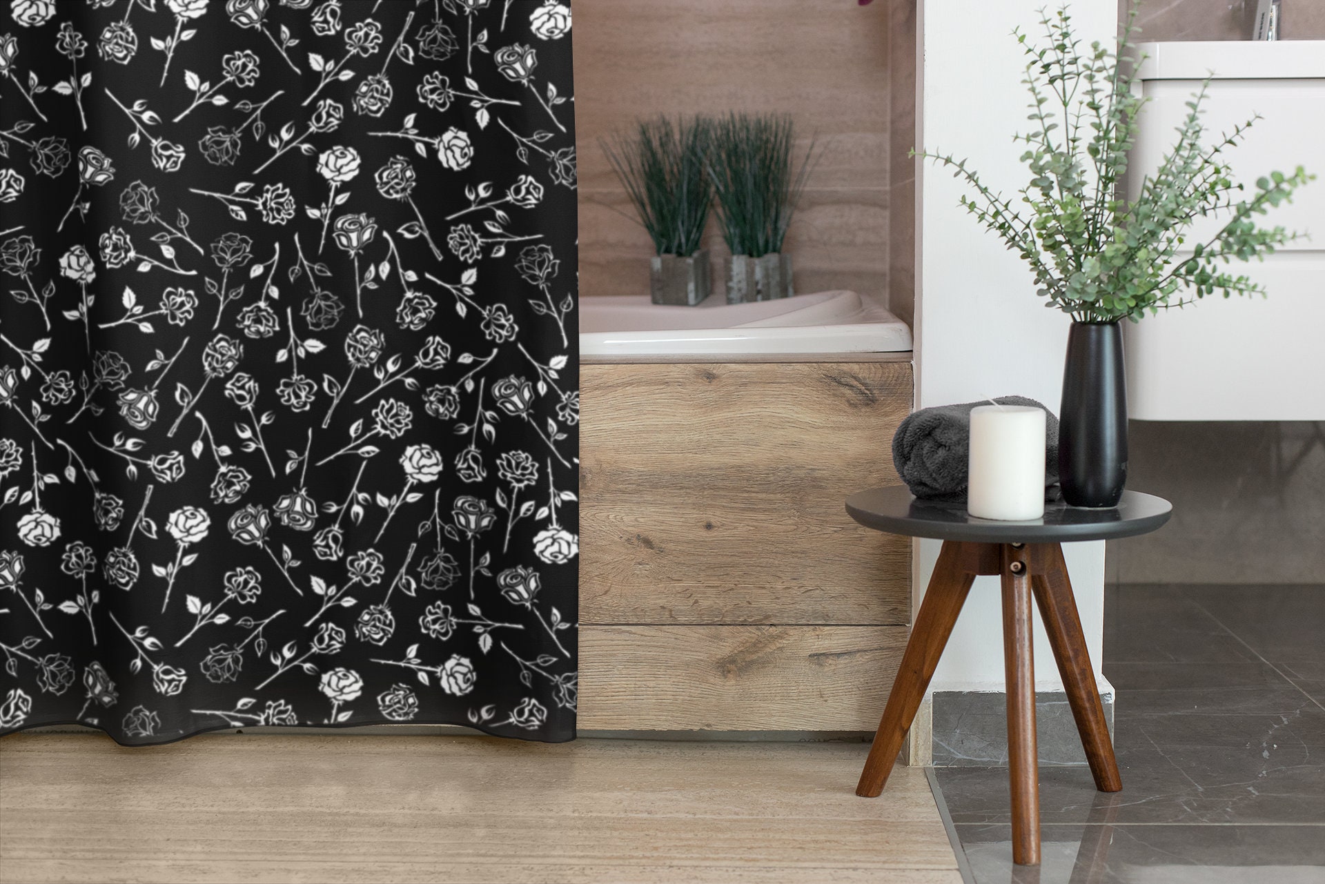 Goth Shower Curtain, Gothic Bathroom, Black Floral Shower Curtain ...