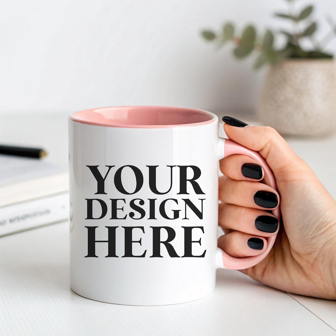 White 15oz Accent Mug With Pink Interior and Handle Mockup Stylish Mug ...