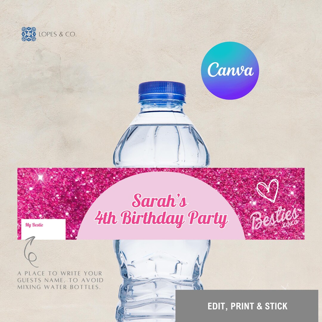 Pink Sparkle Water Bottle Label: Barbie Birthday Party (digital ...