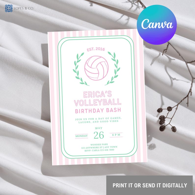 Volleyball Birthday Party Invitation: Pink Sports Theme Minimalist Pink ...