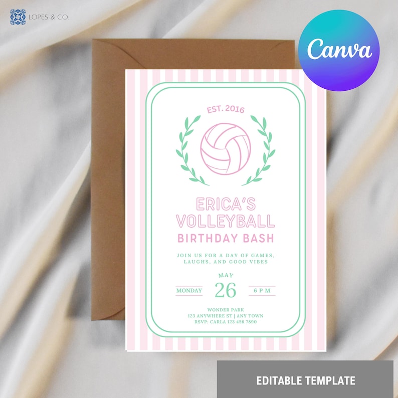 Volleyball Birthday Party Invitation: Pink Sports Theme Minimalist Pink ...