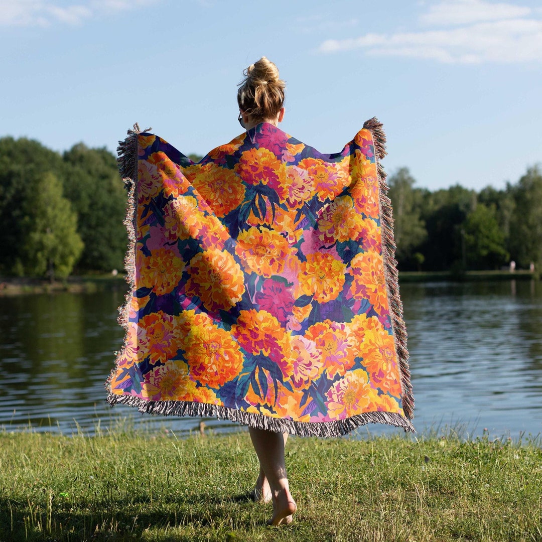October Marigold Birth Flower Blanket, Cotton Woven Throw Blanket ...