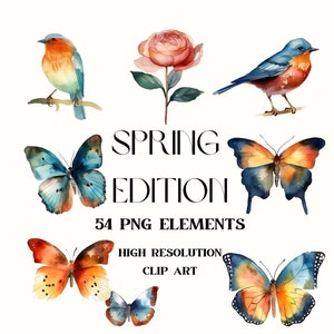 Spring Watercolor Clip Art Collection - Birds, Flowers & Butterflies ...
