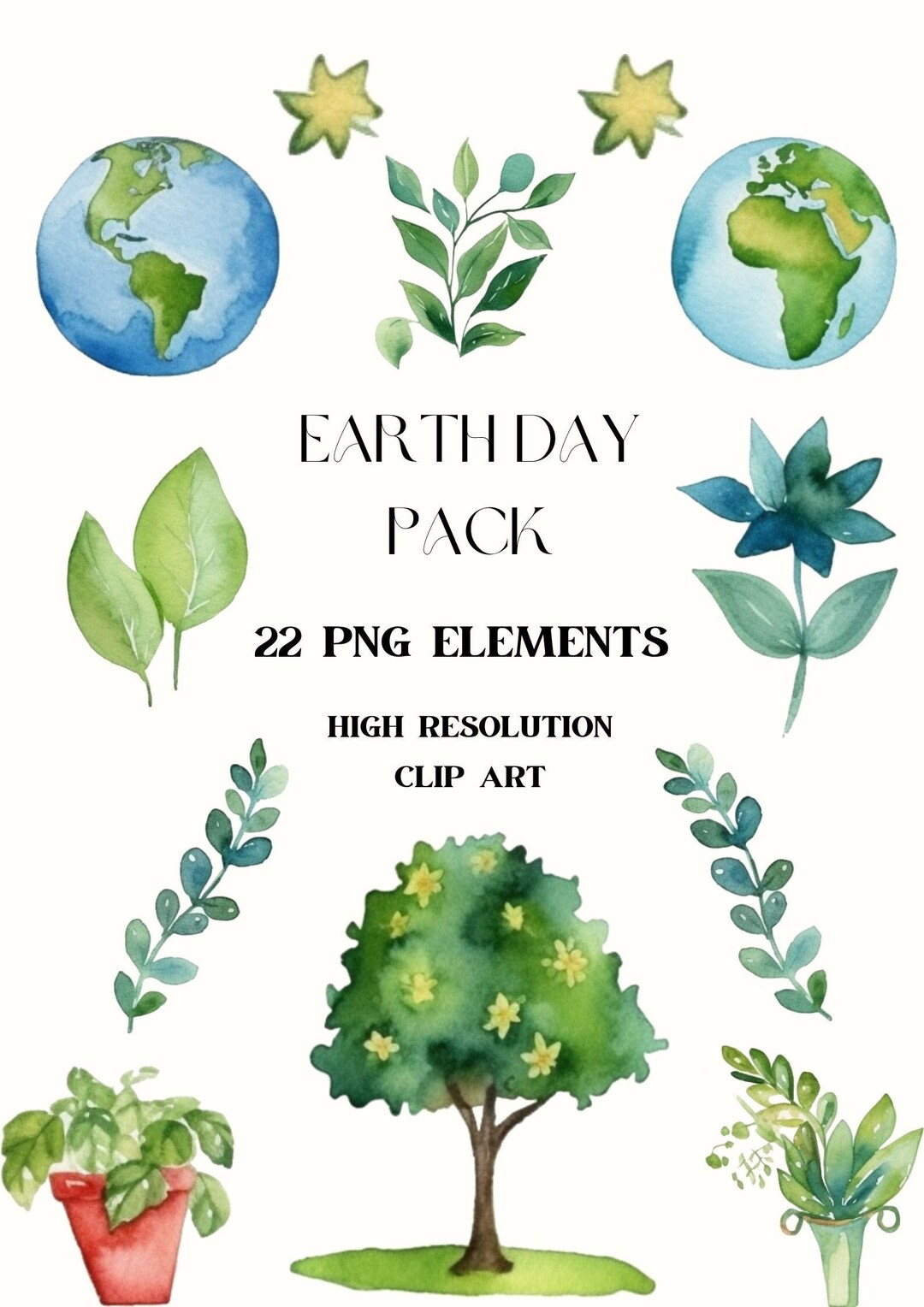 Earth Day Watercolor Clip Art Pack - Earths, Trees, Plants & More (22 ...