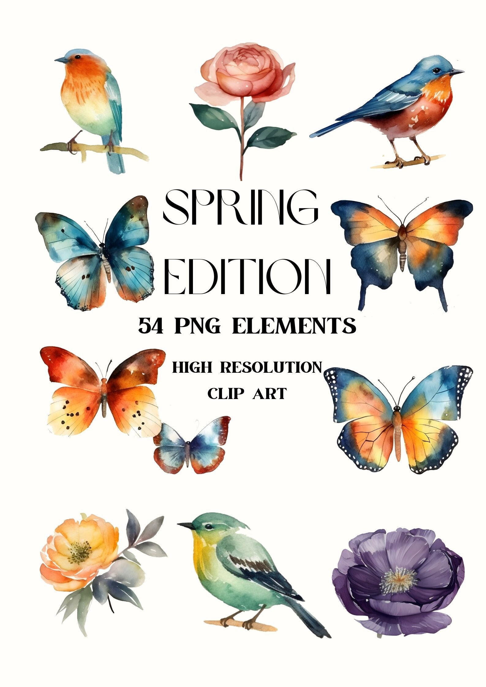Spring Watercolor Clip Art Collection - Birds, Flowers & Butterflies ...