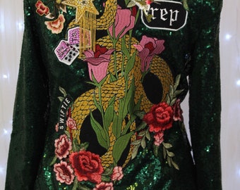 Green Sequin Jacket Army Coat With Pockets Long Sleeve - Etsy