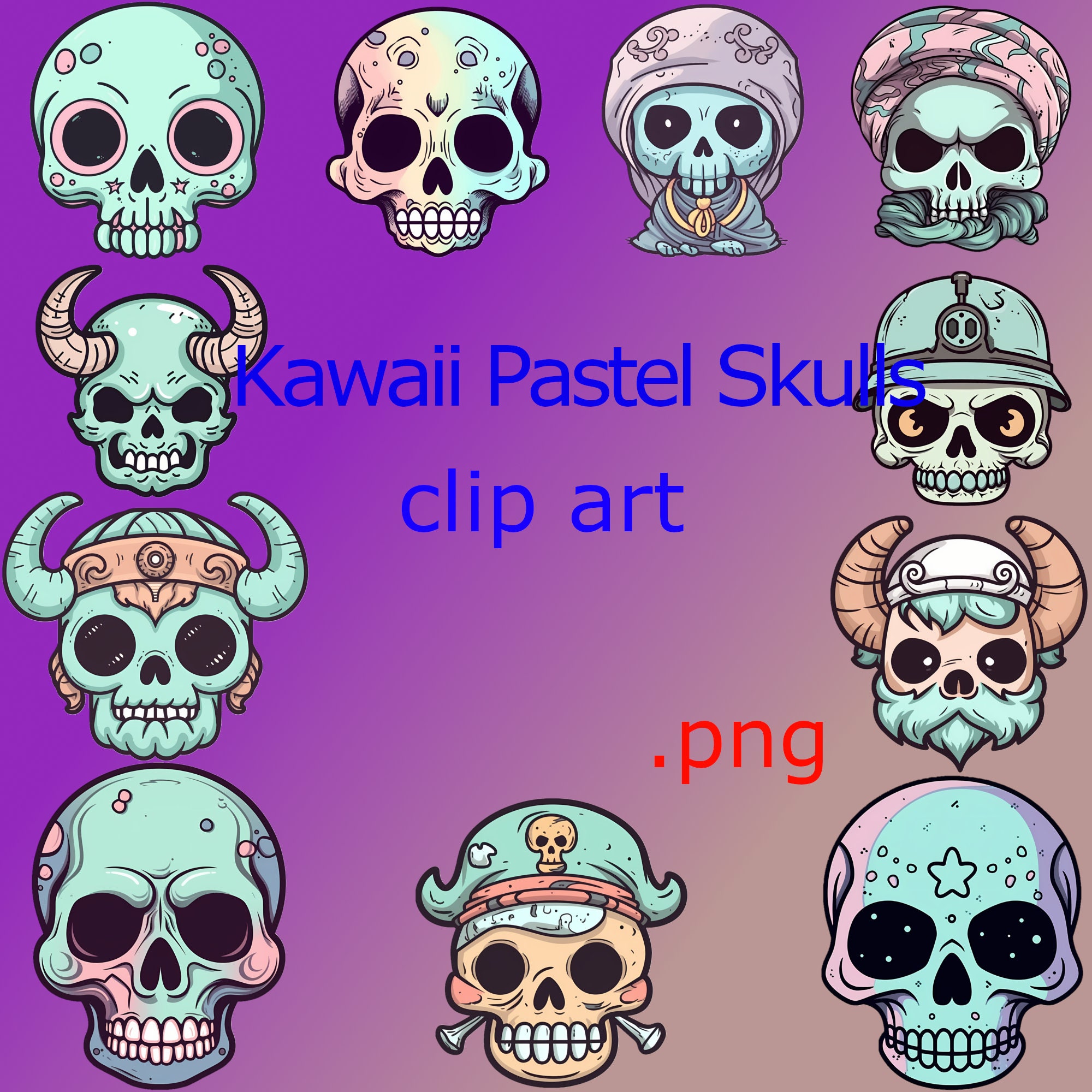11 Kawaii Gothic Skulls PNG Pastel Skulls Clip Art Gothic - Etsy