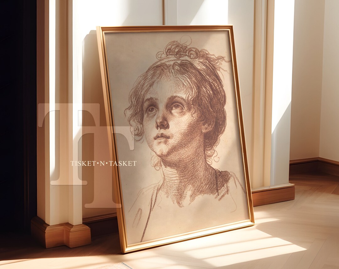 Vintage Drawing of a Girl Looking up With Hope, 1700s Red Chalk Female ...