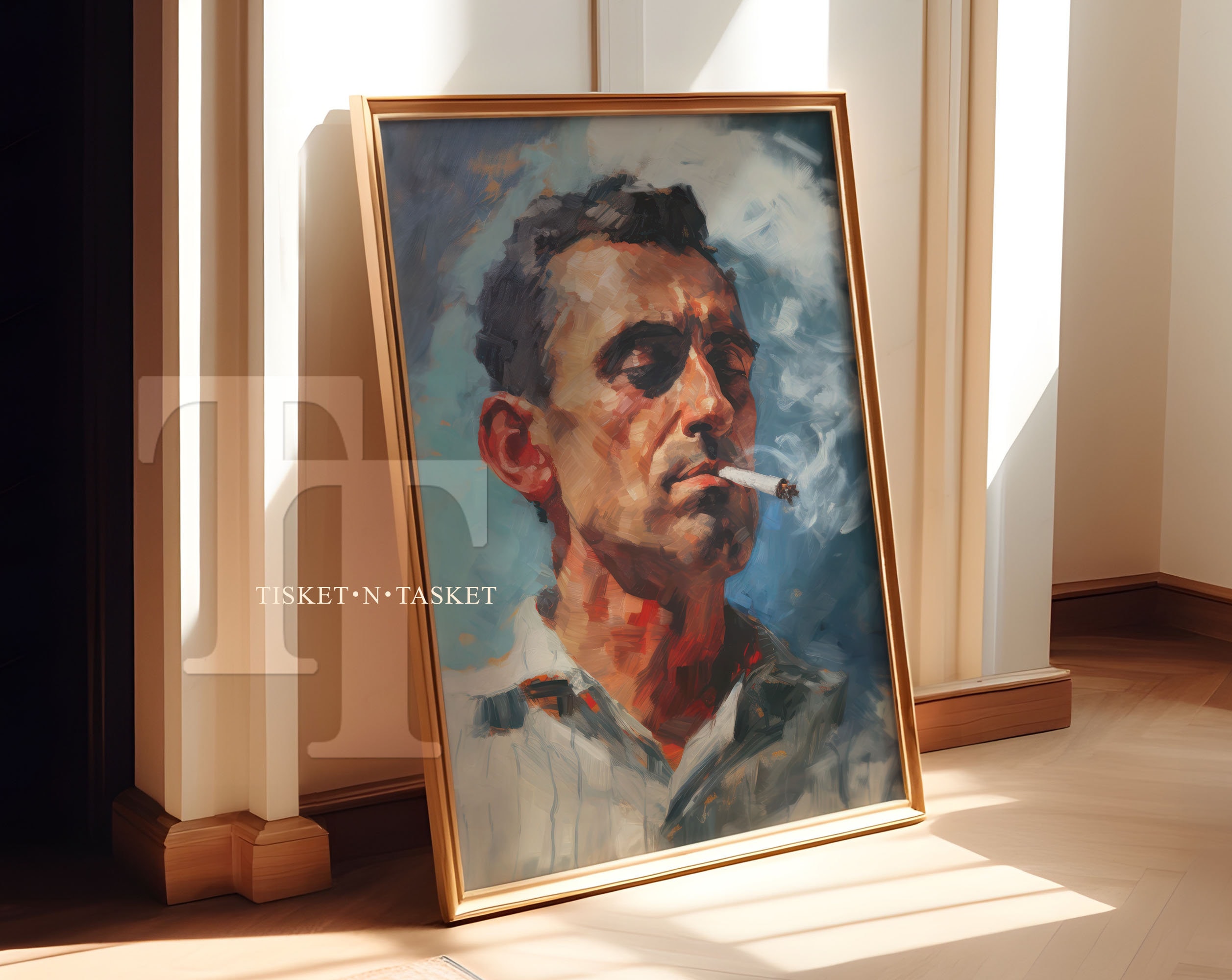 Painting of a Man Smoking a Cigarette, Blue Male Portrait Digital ...