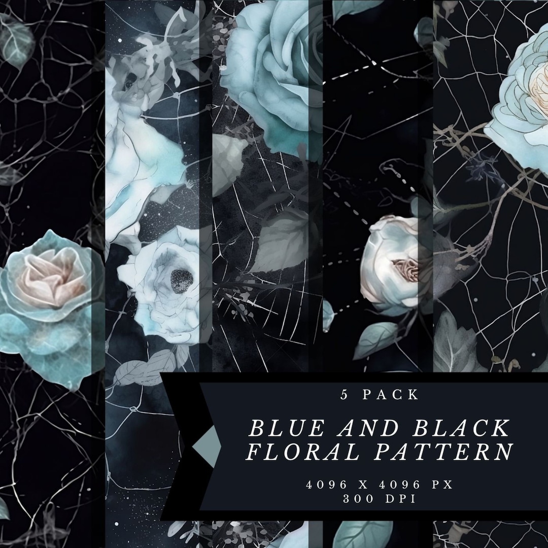 Midnight Bloom: Elegant Blue and Black Floral, Gothic Watercolor Roses ...
