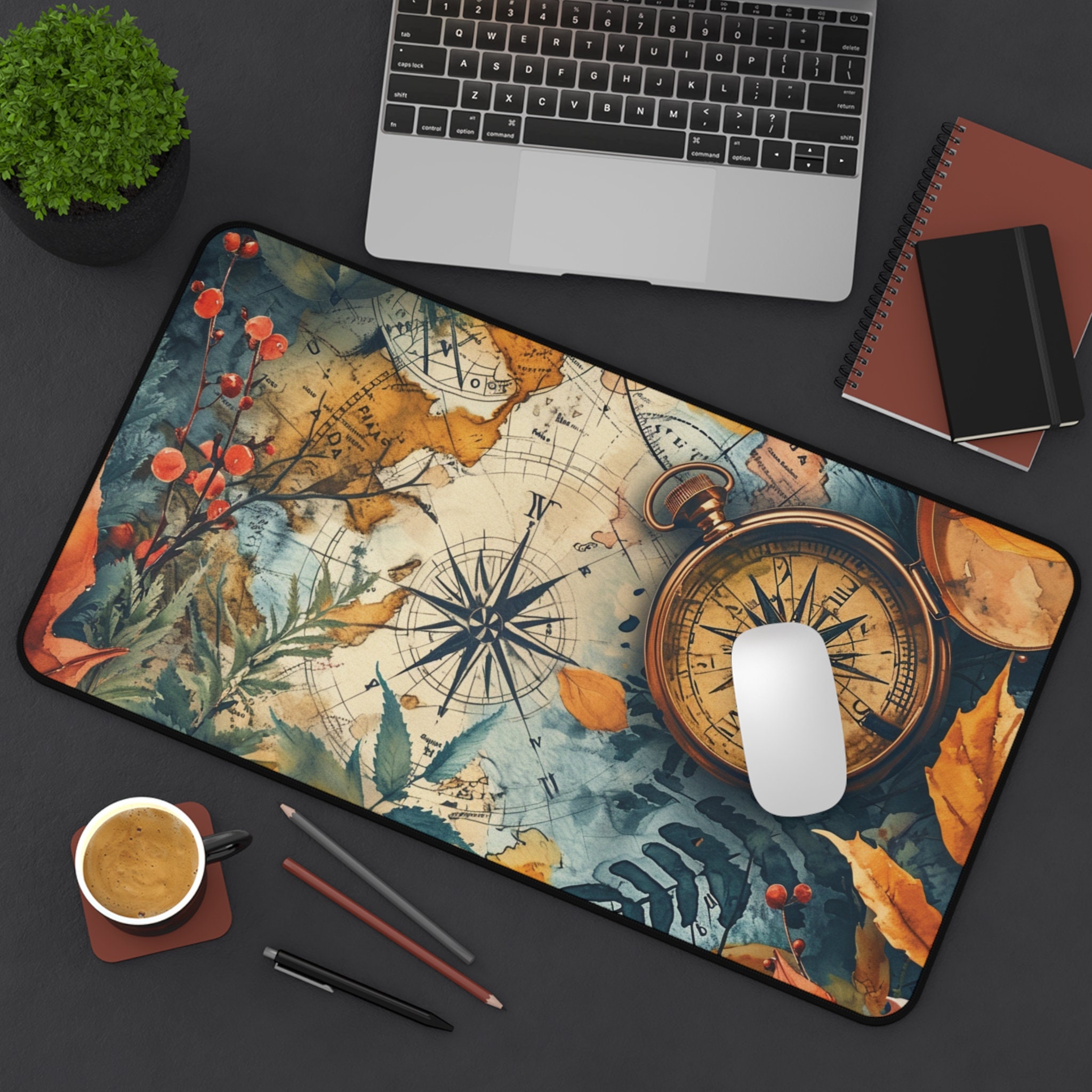 Fantasy Maps and Compass Desk Mat, Global Decor Mouse Pad, Map Compass ...