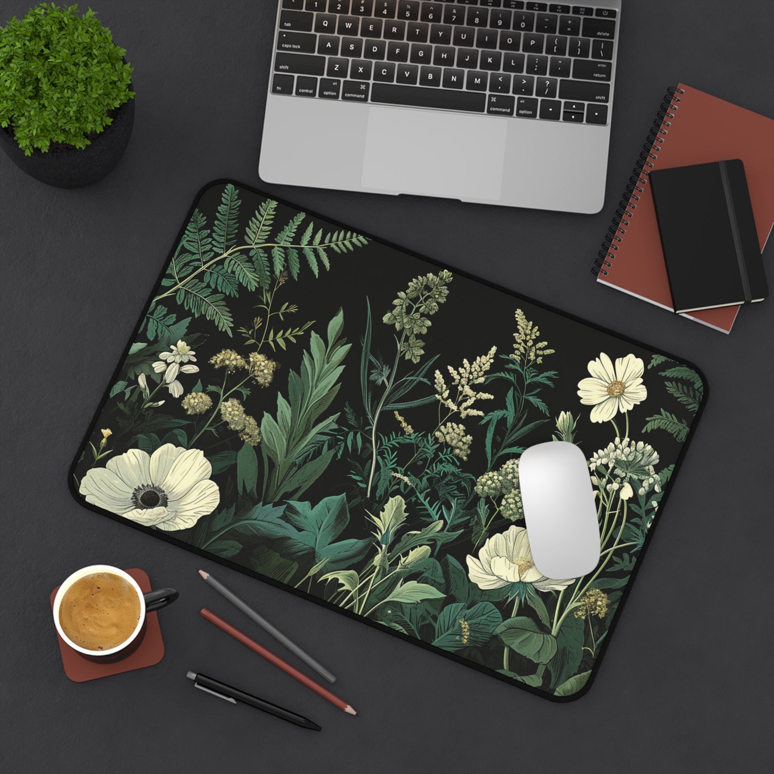 Ferns and White Flowers Dark Floral Desk Mat, Cottage Core Mouse Pad ...