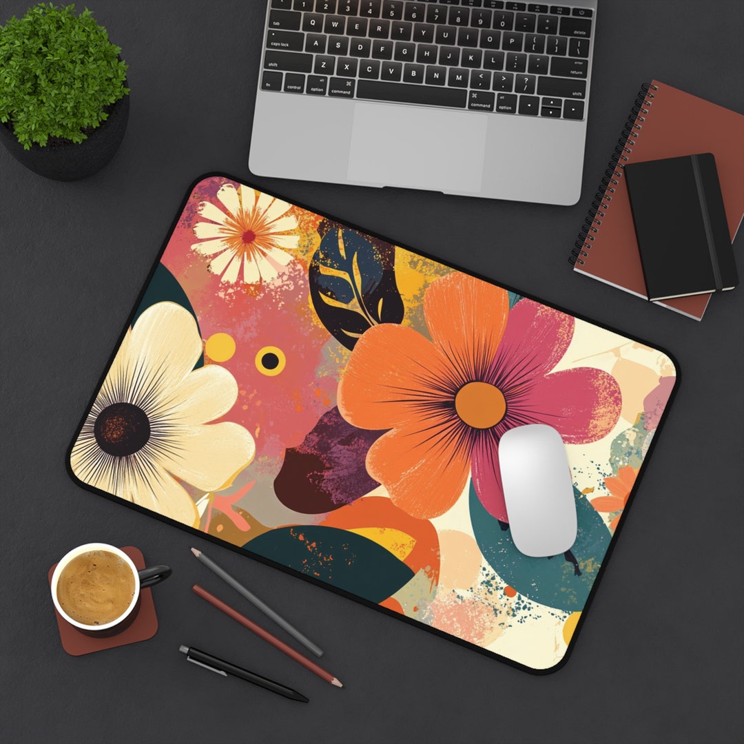 Boho Retro Floral Desk Mat, Art Nouveau, Pink Orange Flower, Floral ...