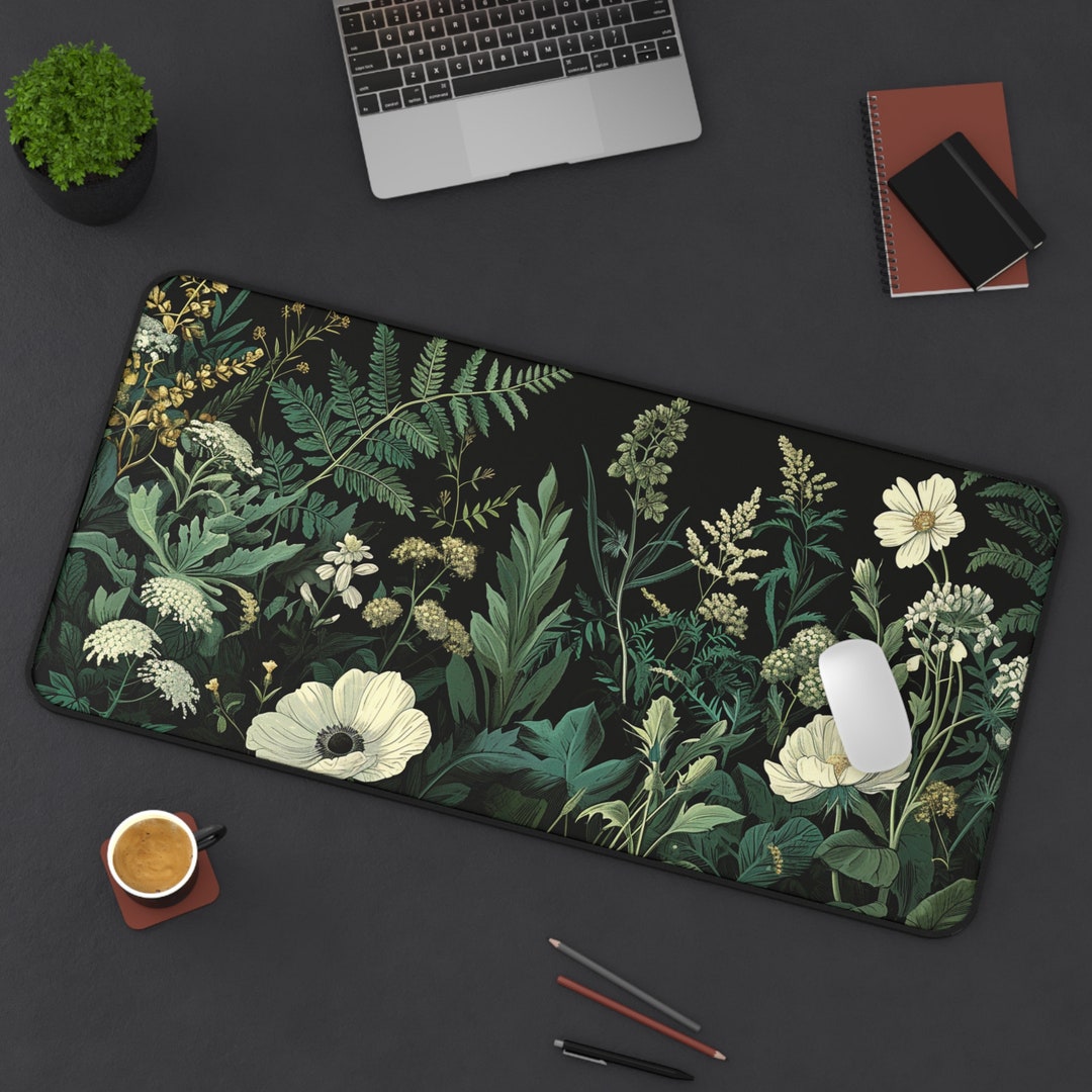 Ferns and White Flowers Dark Floral Desk Mat, Cottage Core Mouse Pad ...