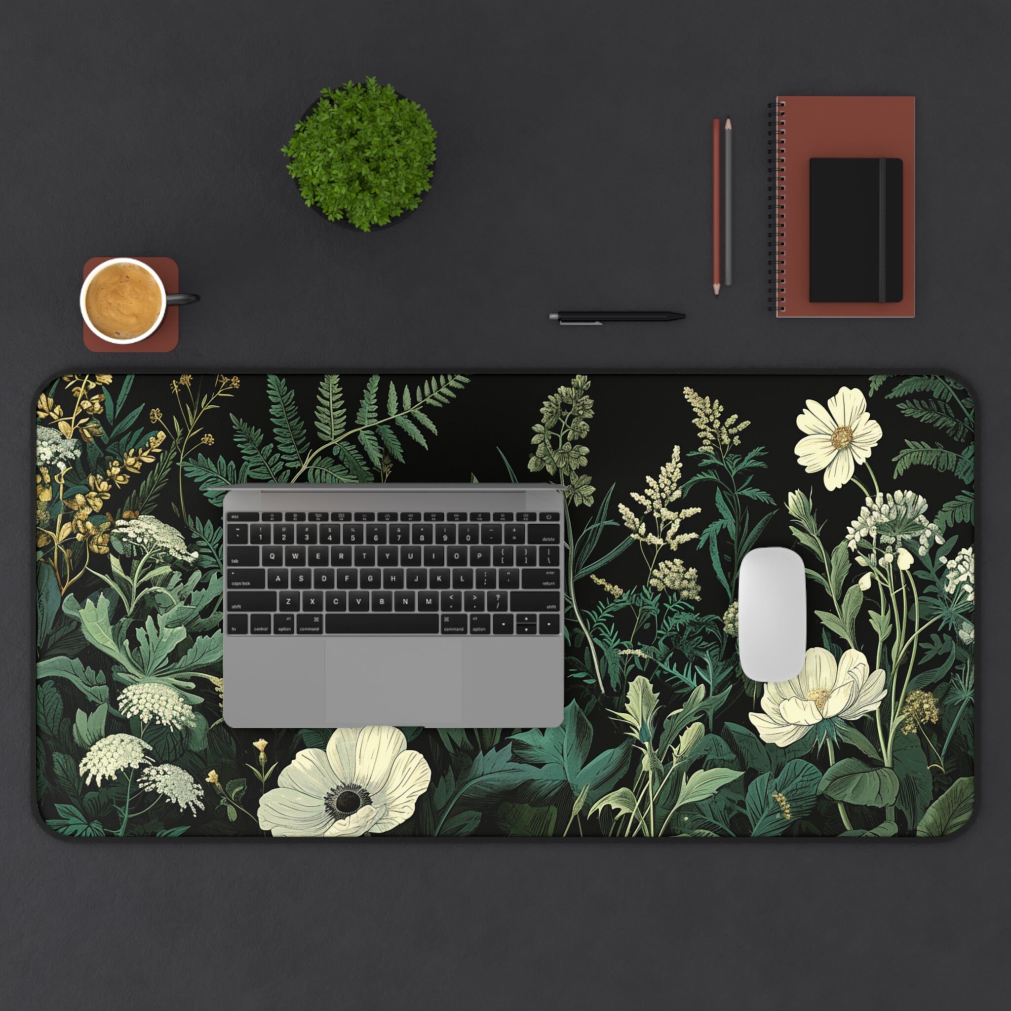 Ferns and White Flowers Dark Floral Desk Mat, Cottage Core Mouse Pad ...