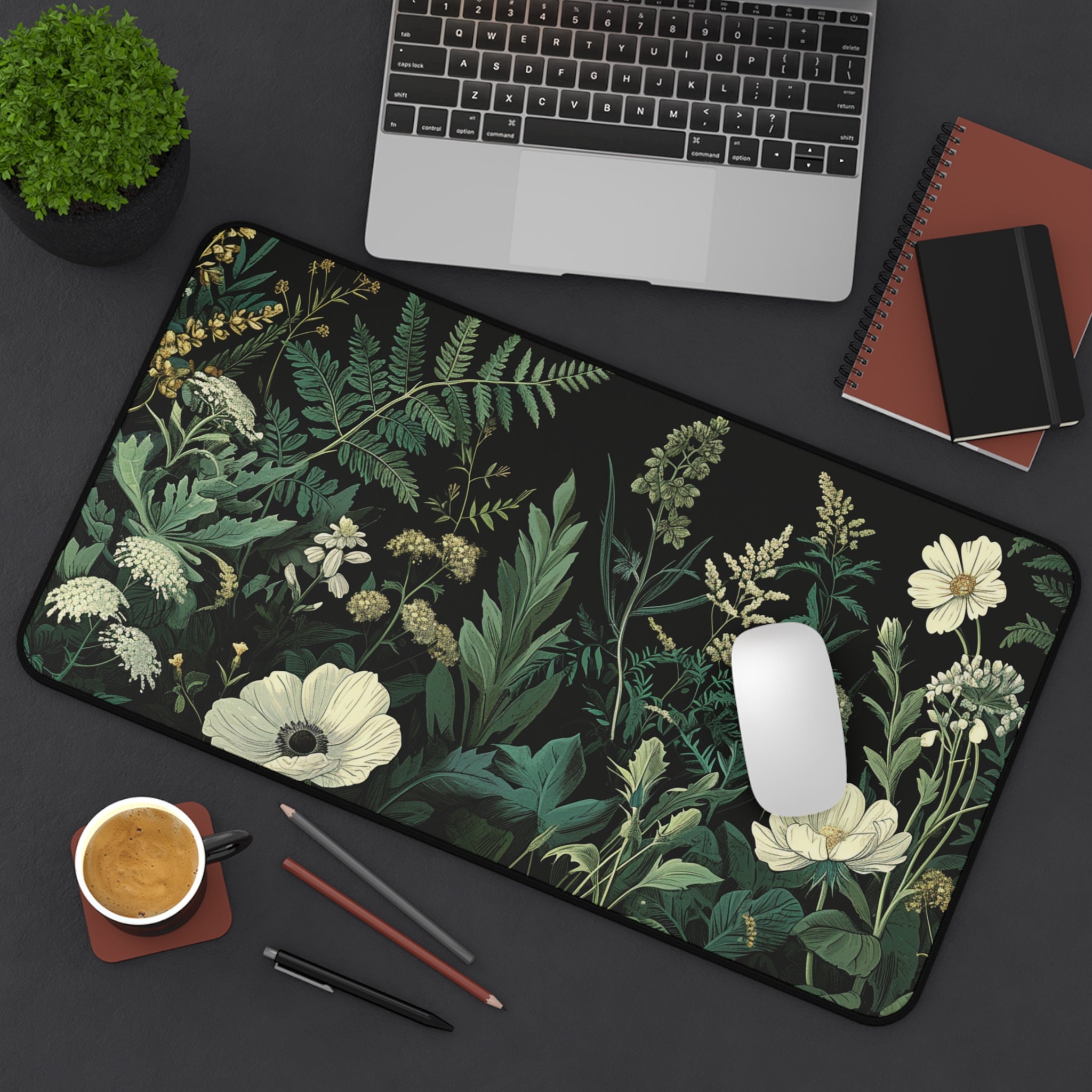 Ferns and White Flowers Dark Floral Desk Mat, Cottage Core Mouse Pad ...
