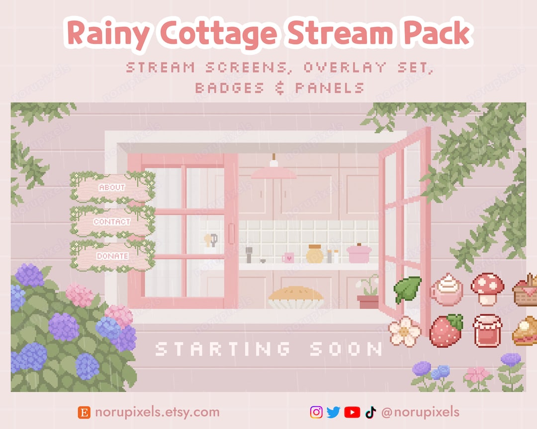 Lofi Raining Cottage Twitch Stream Overlay Package | Pink Cottagecore ...