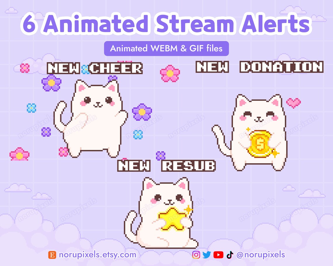 Animated White Cat Twitch Stream Alerts Pack Cat Raid Stream Alert ...