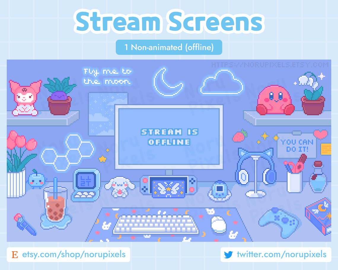 Animated Stream Screens Kawaii Blue Gamer Desk | Aesthetic Cute Twitch ...