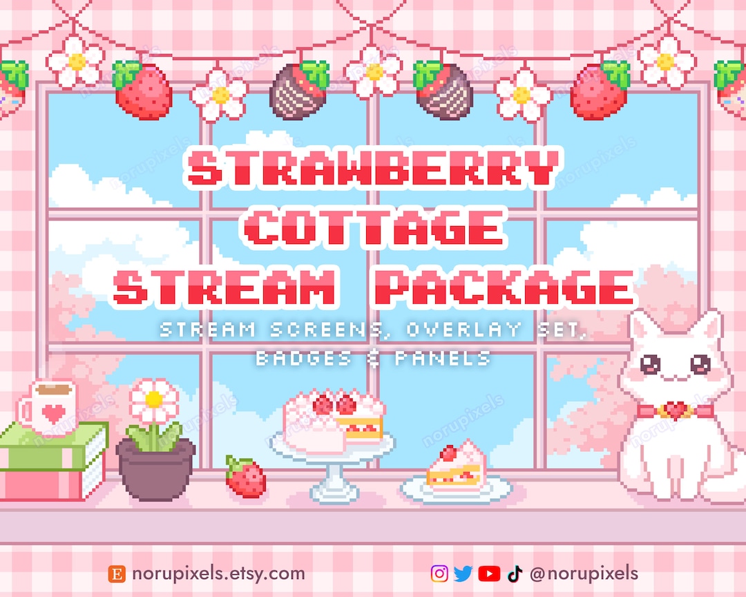 Strawberry Cake Twitch Stream Overlay Package | Cozy Pink Cottagecore ...