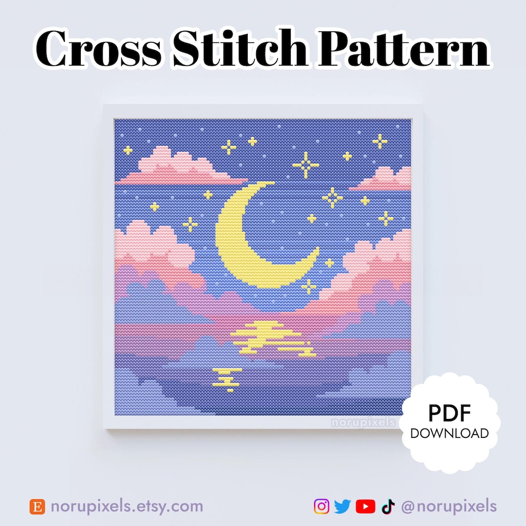 Pastel Moon Cross Stitch Pattern PDF | Moon Ocean Kawaii Cross Stitch ...