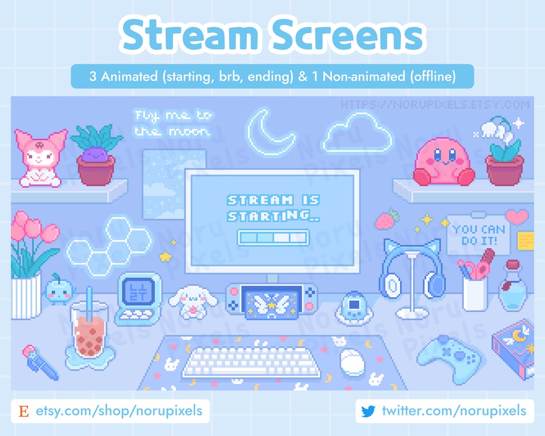 Animated Stream Screens Kawaii Blue Gamer Desk | Aesthetic Cute Twitch ...